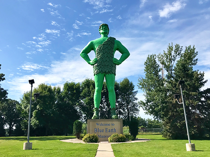 Green with envy? You might be after seeing this 55-foot veggie vigilante. He's kind of a big dill in Blue Earth.