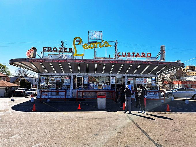 Daytime at Leon's: Where the sun shines bright, but the custard shines brighter. A classic slice of Americana, one cone at a time.