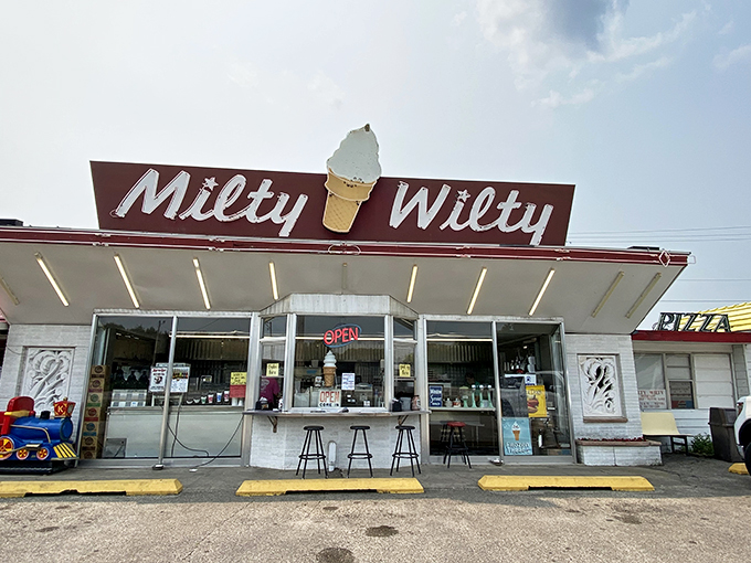 Daylight reveals Milty Wilty's charm. This time-capsule of a drive-in stands ready to serve up slices of Americana with a side of smiles.