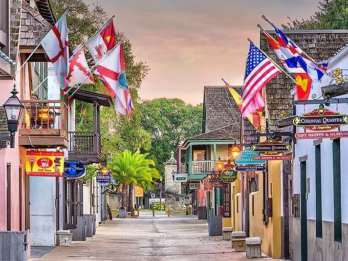 Flags flutter over St. Augustine's colonial quarter, a colorful reminder that this town has more layers than a Spanish onion.