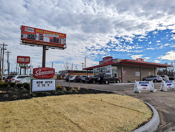 Twilight magic at Swensons! As the sun sets, this drive-in transforms into a beacon of hope for hungry souls.