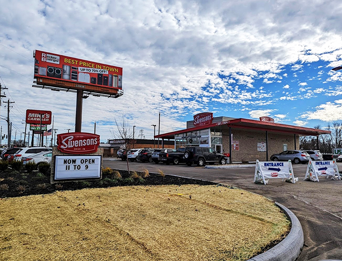 Twilight magic at Swensons! As the sun sets, this drive-in transforms into a beacon of hope for hungry souls.