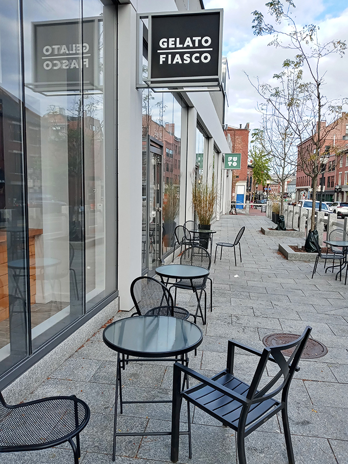 Outdoor seating at Gelato Fiasco: People-watching with a side of creamy bliss. It's like a Parisian caf&eacute;, Maine style!