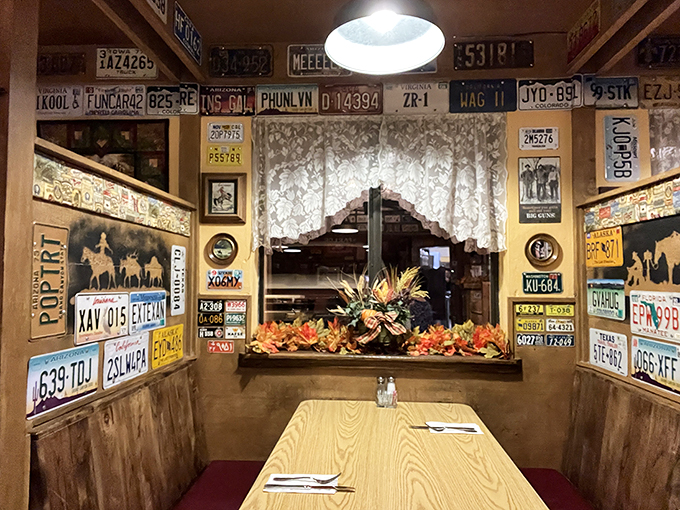 License plate heaven or DMV nightmare? Either way, this quirky decor will have you playing 'I Spy' between bites.