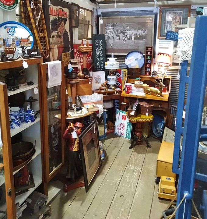 Nostalgia overload! This corner is like a time machine powered by knick-knacks. I spy Mae West giving us that come-hither look.