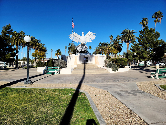 Ajo's town square: where eagles soar and palm trees sway. This patriotic plaza could give the set of "The Music Man" a run for its money! Photo credit: Gary Begin