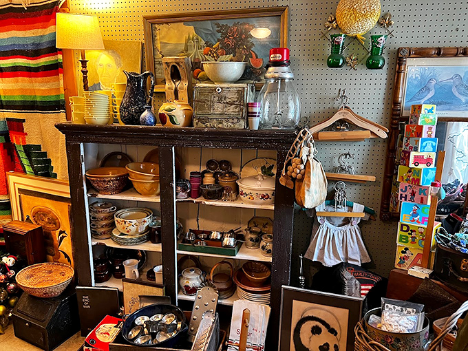 From Depression glass to vintage kitchenware, every shelf tells a story of American domestic life through the decades.