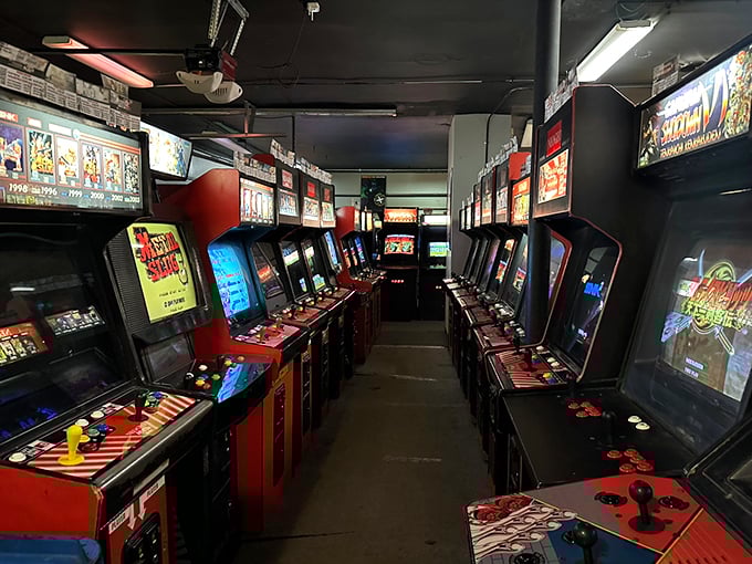 Behold, the hallowed halls of joystick jockeys! These gleaming cabinets stand like sentinels, guarding the sacred realm of button-mashing mayhem.