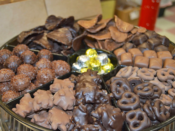 Assortment of Chocolates Behold, the United Nations of chocolate! From truffles to turtles, this platter is a delicious democracy of cocoa creations.