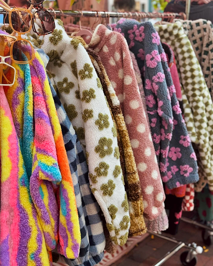 Cozy chic meets playful patterns in this rainbow of fuzzy jackets. It's like wearing a hug from a Care Bear &ndash; perfect for those "brisk" Vermont summer evenings!