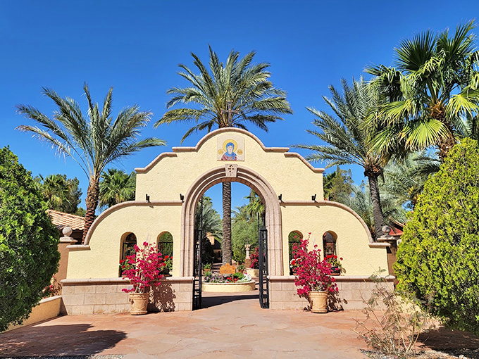 Welcome to paradise! This entrance arch is your portal to a world where Byzantine beauty meets cactus country.