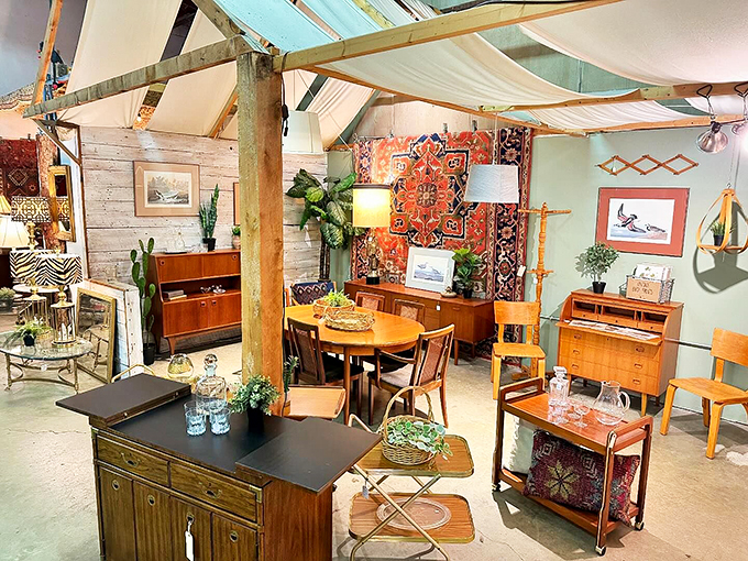 Mid-century modern meets cozy charm. This kitchen setup has more personality than a sitcom family reunion.