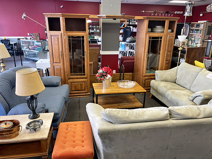 From elegant wingback chairs to quirky vintage lamps, this corner feels like your stylish grandmother's living room got a modern makeover.