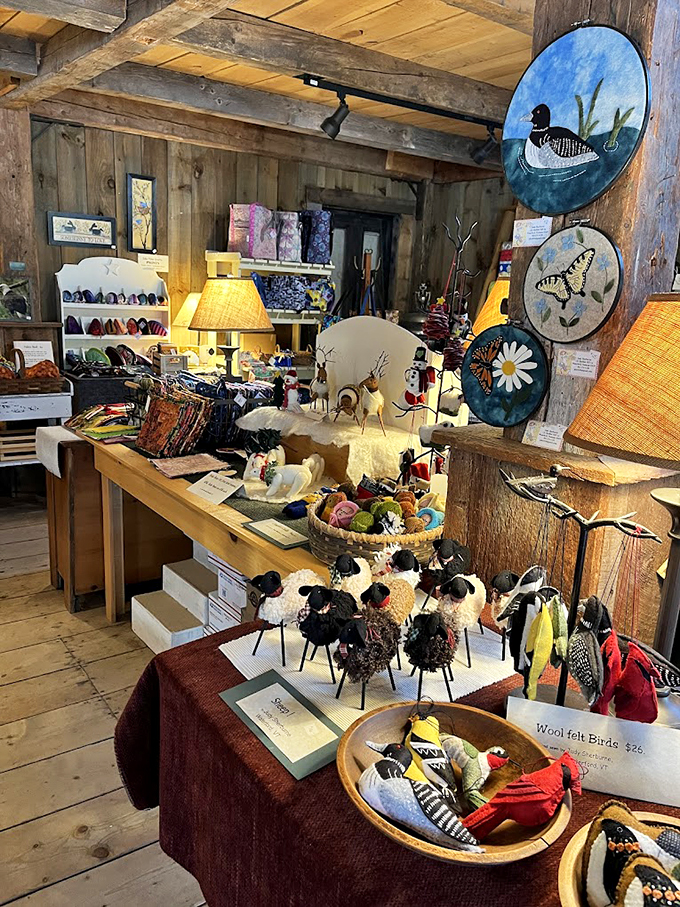 These whimsical wool felt birds seem ready to take flight, while decorative plates featuring local wildlife watch over the shop's treasures.