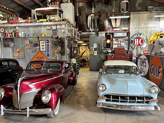 It's like walking into your grandpa's garage, if your grandpa was a wizard who could shrink cars. Every nook and cranny tells a story of automotive passion.