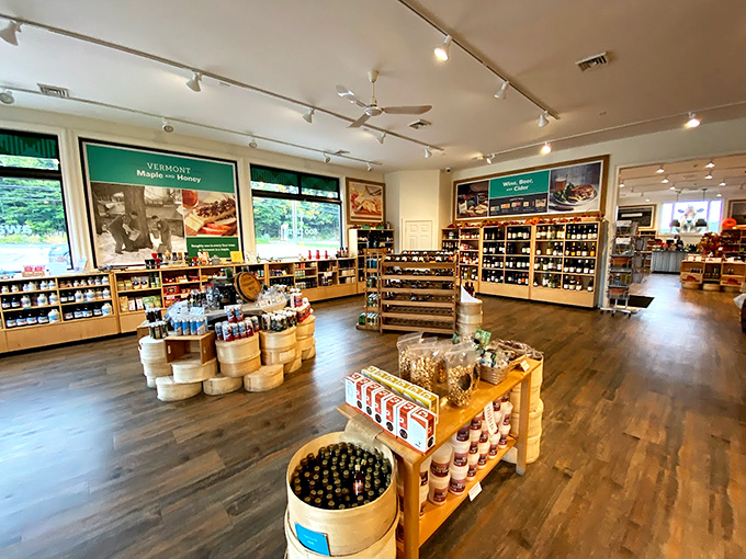 A treasure trove of local delights awaits, from maple syrup to honey, all beautifully displayed under warm lighting.