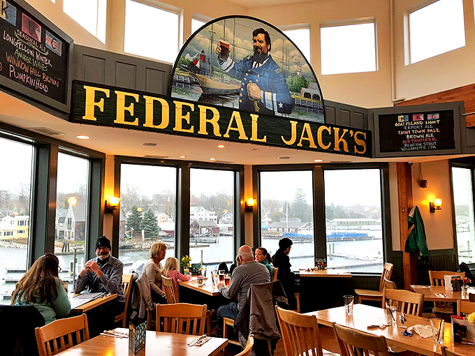Where maritime meets modern - Federal Jack's signature sign watches over diners like a friendly harbor captain.