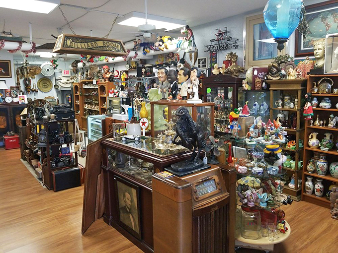 From classic typewriters to vintage busts, this corner feels like your cool grandpa's attic crossed with a Hollywood prop house. 