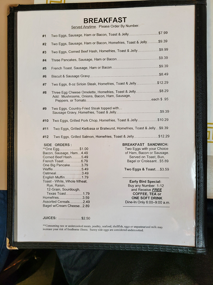 Behold, the sacred text of Fred's! A menu that reads like a love letter to breakfast lovers everywhere.