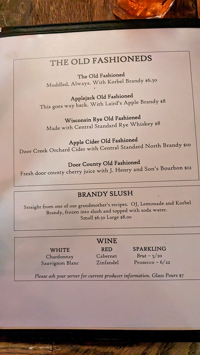 Decisions, decisions! This menu reads like a love letter to Wisconsin's favorite cocktail. Brandy slush, anyone?