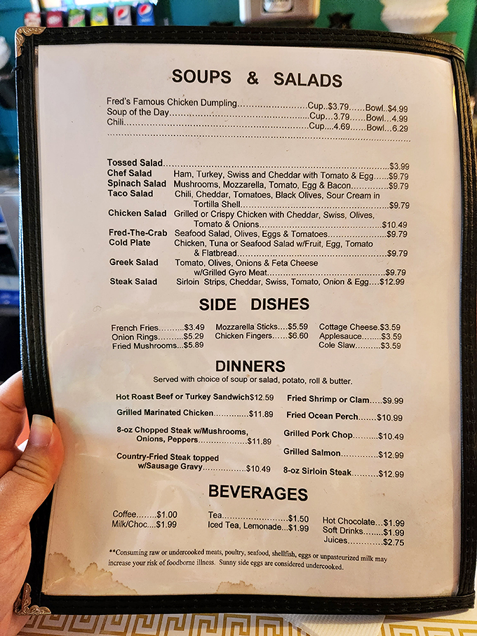Decisions, decisions! Fred's menu is like a greatest hits album of diner classics. Warning: May cause spontaneous stomach growling and menu indecision.