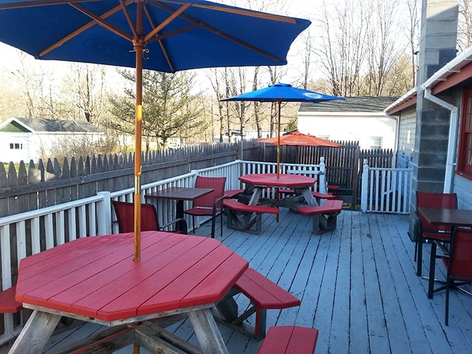 The outdoor deck offers a peaceful spot to enjoy your giant pancakes while surrounded by Vermont's natural beauty.