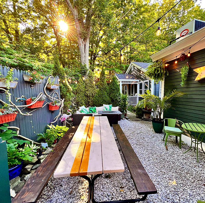 Picnic table perfection under string lights and trees - because tacos taste better with a side of fresh air. 