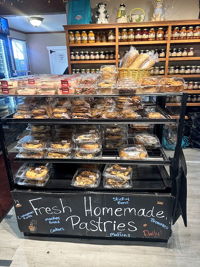 Fresh-baked treats line the shelves like edible works of art, while mason jars of local preserves stand guard.
