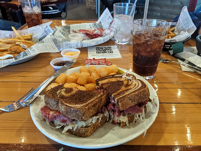 The star of the show: a perfectly stacked Reuben that makes marble rye bread look like modern art.