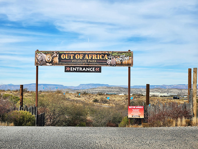 The gateway to your wildest dreams! This entrance sign promises a journey that's part Jurassic Park, part Lion King.