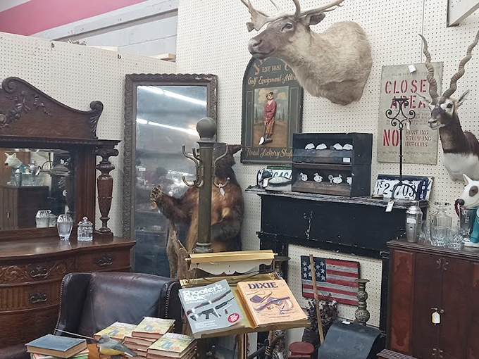 From majestic elk to mysterious tomes, this booth is a safari through America's eclectic past. Indiana Jones would feel right at home here!