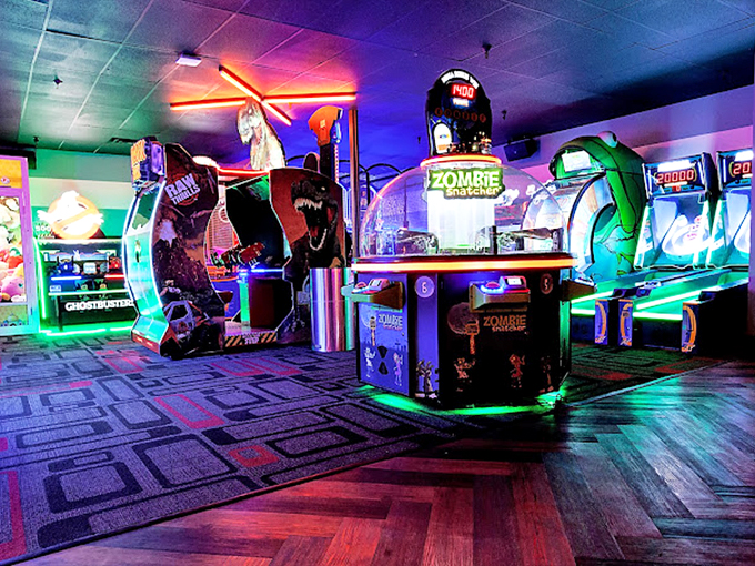 A neon wonderland of arcade games lights up the space like a mini Las Vegas, promising hours of button-mashing entertainment. 