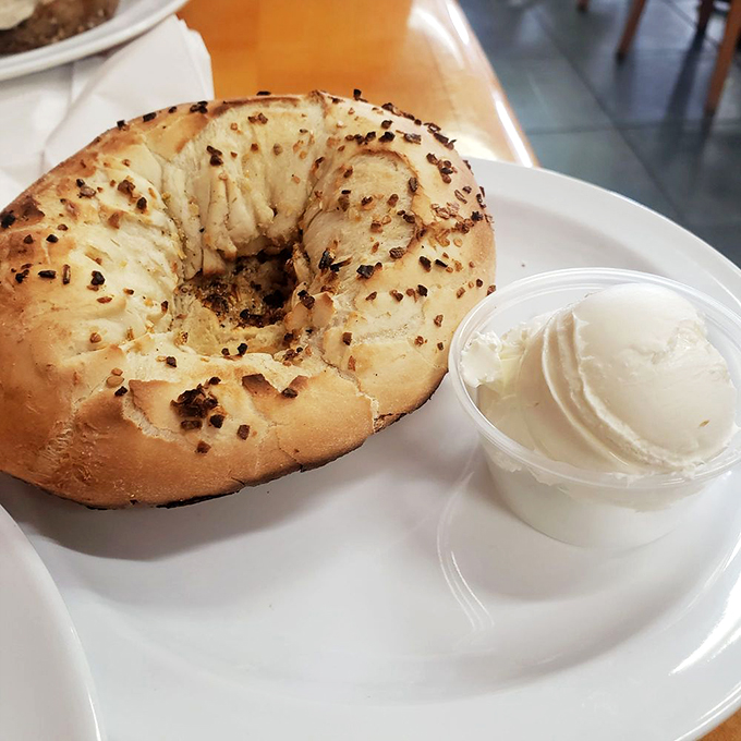 Behold, the star of the show! This golden, perfectly toasted bagel is ready for its schmear-stealing moment in the spotlight.