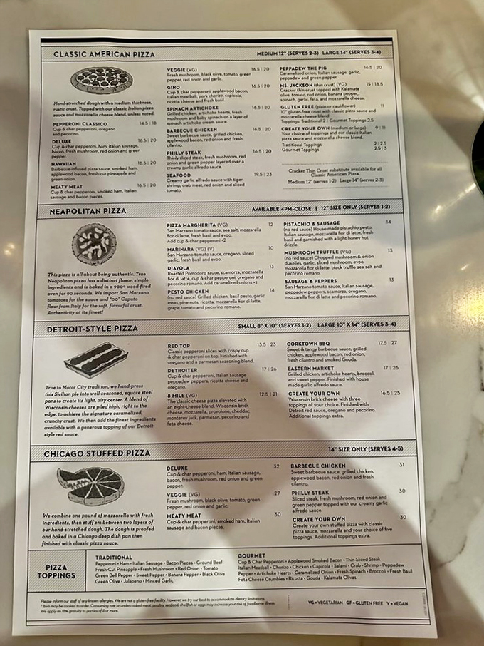 Decisions, decisions! Klavon's menu is a pizza lover's dream, offering more options than a Netflix queue on a lazy Sunday afternoon.