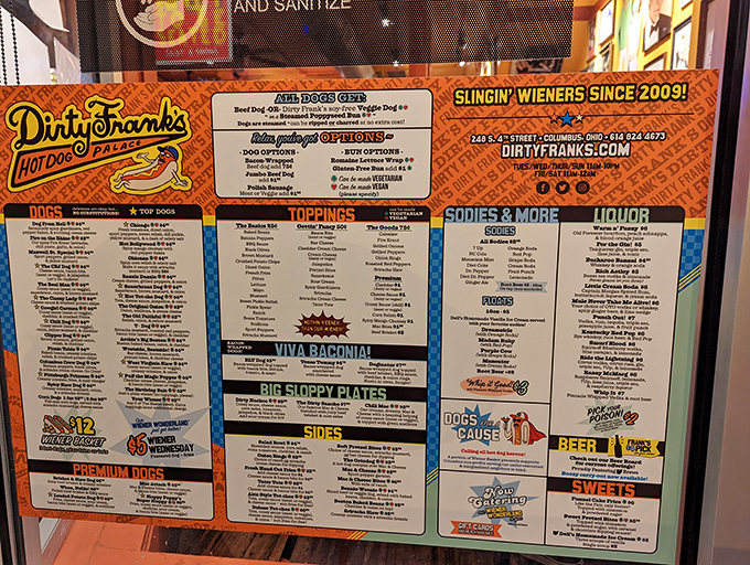 Behold, the sacred scrolls of sausage! This menu is a treasure map of taste, each hot dog a culinary adventure waiting to unfold.