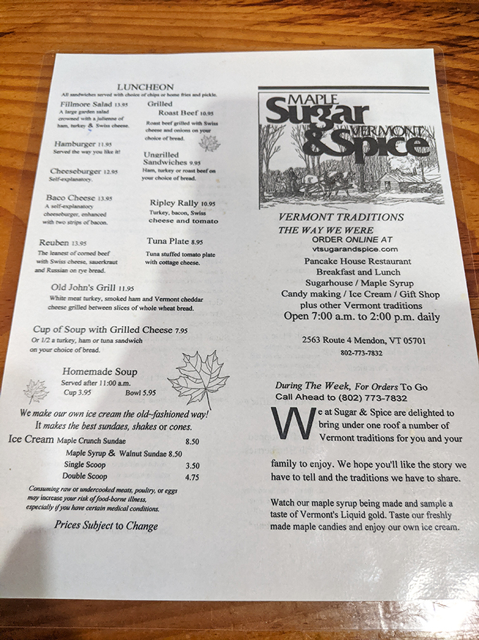 A menu that reads like a love letter to Vermont. From "Old John's Grill" to maple walnut sundaes, each item promises a taste of Green Mountain magic.