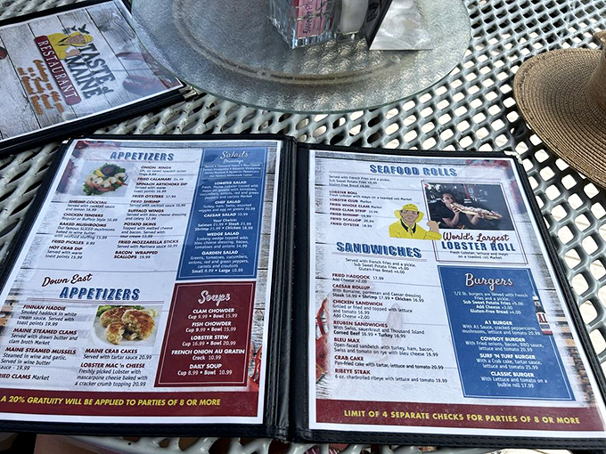 Decisions, decisions! This menu is a treasure map of oceanic delights. Pro tip: when in doubt, always go for the "World's Largest Lobster Roll."