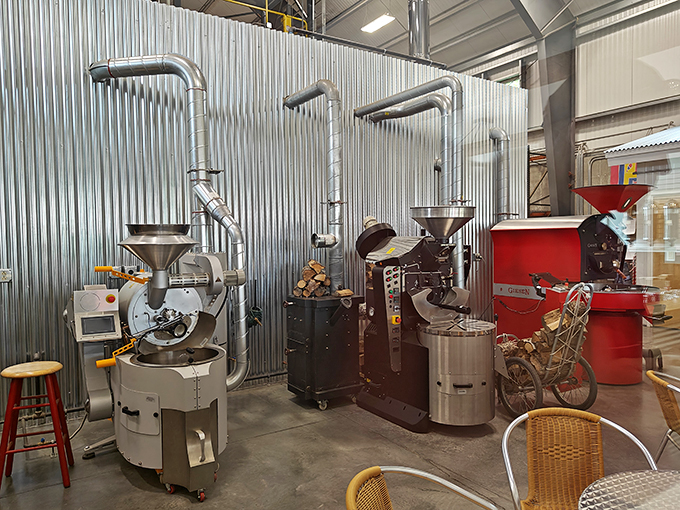 Behold, the coffee wizards' laboratory! These shiny contraptions could easily be mistaken for a steampunk time machine, but they're actually roasting up liquid gold.