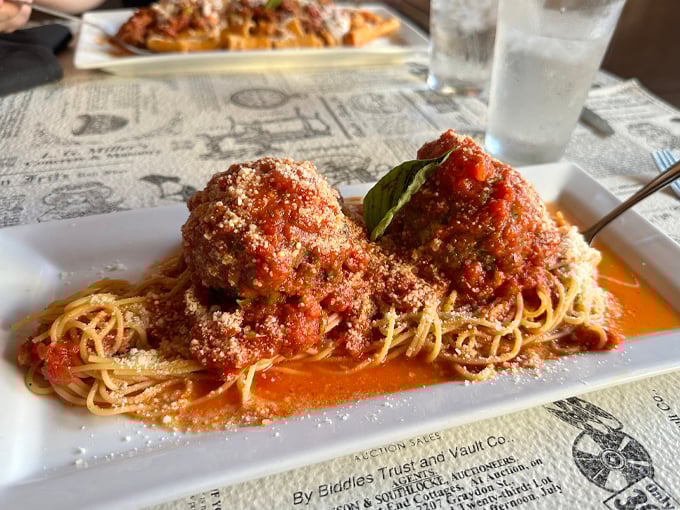 Mamma mia! These meatballs aren't just big, they're Godfather-sized. Perched atop a mountain of spaghetti, they're an offer your appetite can't refuse. Photo credit: N Kline