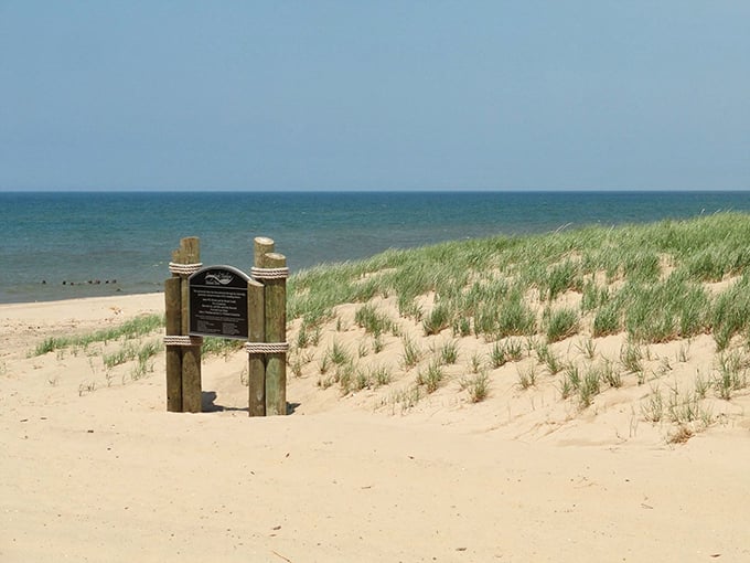 Singapore's sandy grave: Lake Michigan's own Atlantis. A historical marker stands sentinel over buried dreams. Photo credit: Singapore Michigan
