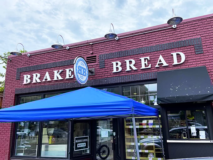 Carb lovers, unite! Brake Bread's bold red sign beckons you to a world where sourdough reigns supreme and gluten is your best friend.