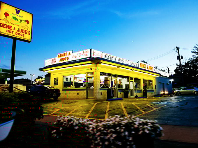 Hot dog heaven in a bun! Gene & Jude's: where ketchup is forbidden and happiness is served with a side of crispy fries.