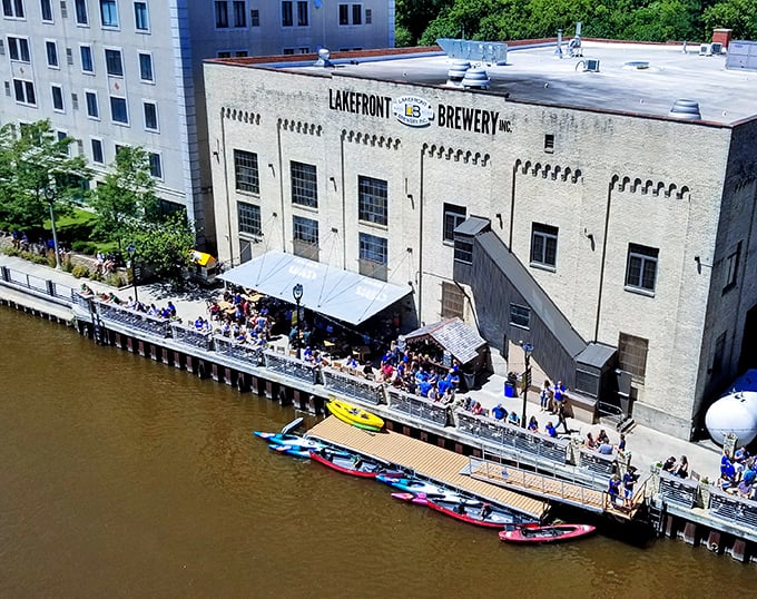Lakefront Brewery's Palm Garden: Where beer dreams come true. It's like Willy Wonka's factory, but the river runs golden with craft brews instead.