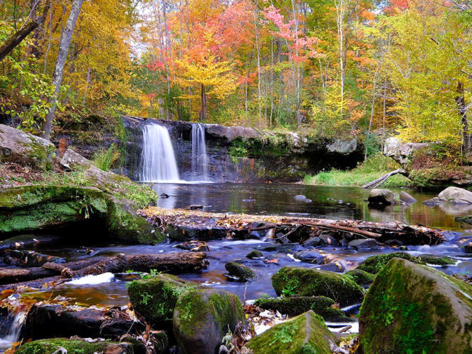 Nature's stairway to heaven! Wolf Creek Falls tumbles down in tiers, like a geological layer cake with a water frosting.