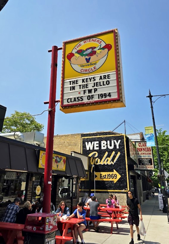 "Copenhagen meets Chicago" – a cultural fusion or just clever signage? Either way, The Wieners Circle's late-night glow beckons the brave and hungry.