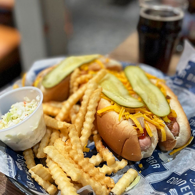 Behold, the Coney Island of the Midwest! These chili dogs are dressed to impress, with cheese and pickles playing supporting roles.