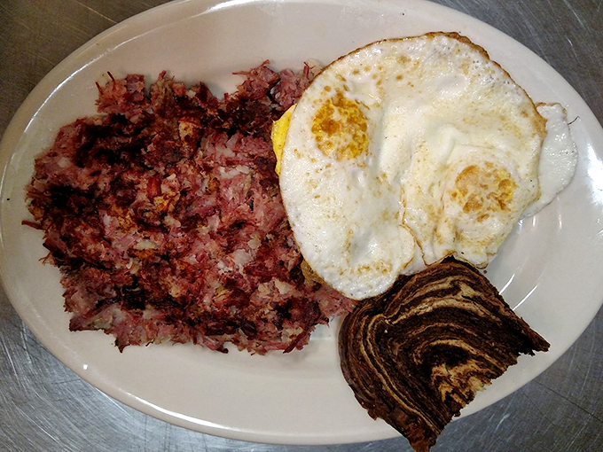 Behold, the breakfast of champions: Corned beef hash that could make a vegetarian question their life choices.