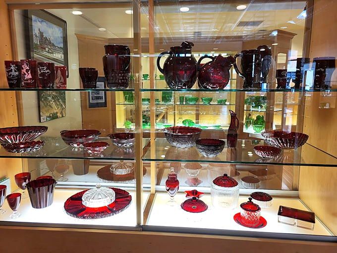 Ruby reds and emerald greens - this display case is a jewelry box of glass delights that would make even Tiffany jealous.