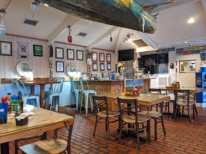 Award plaques line whitewashed walls while an old canoe hangs overhead, telling tales of maritime adventures past.