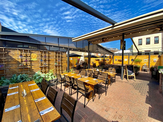 Under a canopy of sky and string lights, this beer garden feels like Vermont's answer to a European courtyard.